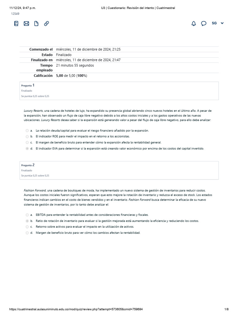 U3 - Cuestionario - Revisión Del Intento - Cuatrimestral | PDF | Rentabilidad sobre recursos ...