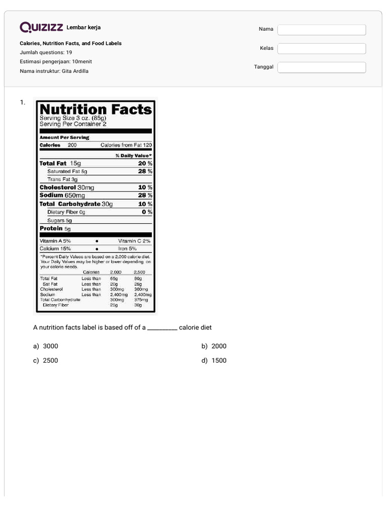 Nutrition Facts and Food Label Quiz | PDF | Foods | Nutrition