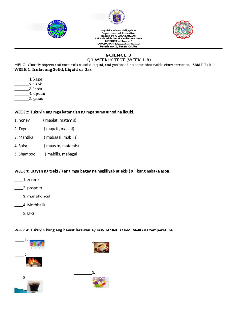 Science Q1 Weekly Test W1-8 | PDF | Materials | Scientific Phenomena