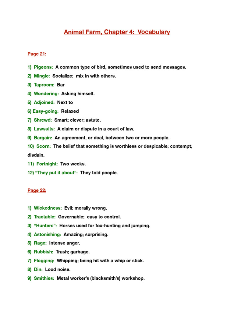 Animal Farm Chapter 4 Vocabulary List | PDF