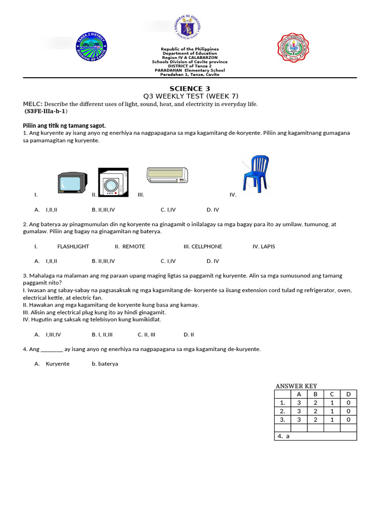 Science Q3 Weekly Test W7 | PDF