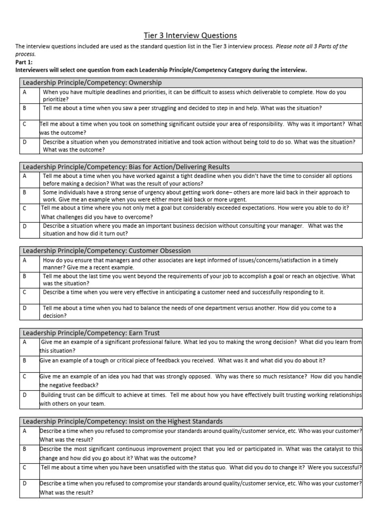 Tier 3 Interview Questions 2021 - With Scorecard | PDF | Leadership ...