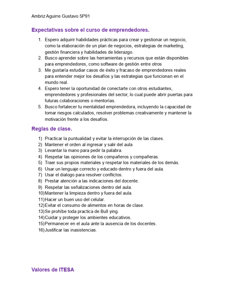 Expectativas y Reglas del Curso de Emprendedores | PDF | Salón de ...