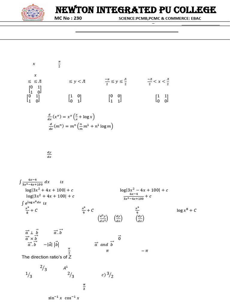 Mathematics Exam for II PUC Students | PDF