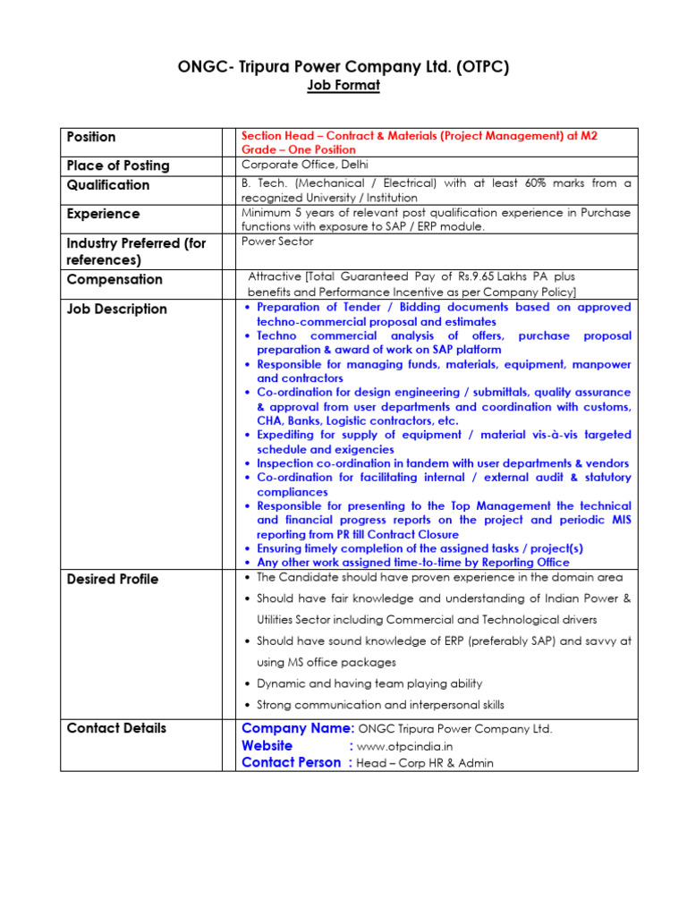 JD SH C&M (Project Management) OTPC | PDF | Business