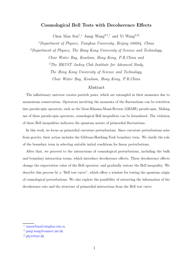 Cosmological Bell Tests with Decoherence | PDF | Quantum Entanglement ...