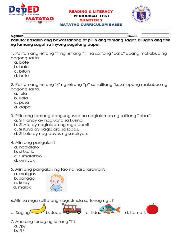 Periodical Test GRADE 1 MATATAG READING and LITERACY 1 | PDF
