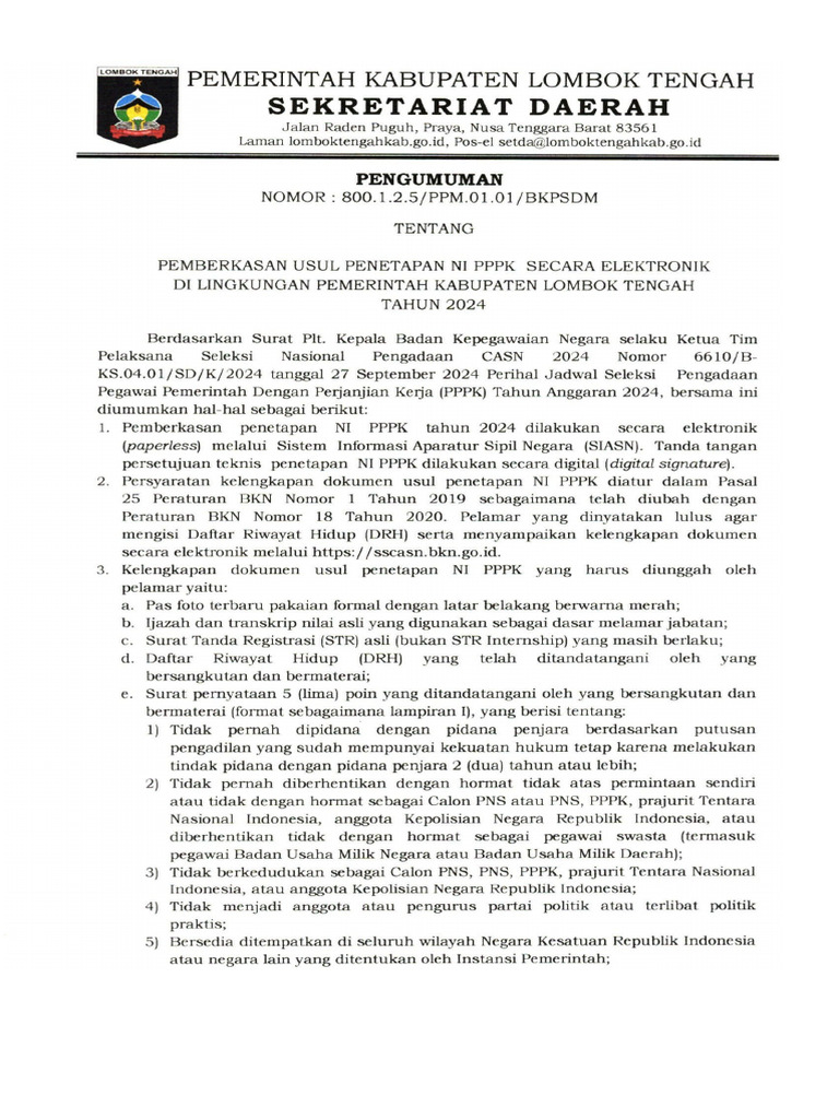 PENGUMUMAN PEMBERKASAN NI PPPK KAB LOMBOK TENGAH 2024 | PDF