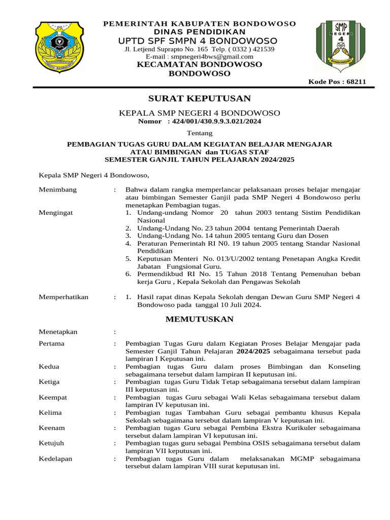 1. SK Pembagian Tugas SMT GANJIL 2024-2025 | PDF