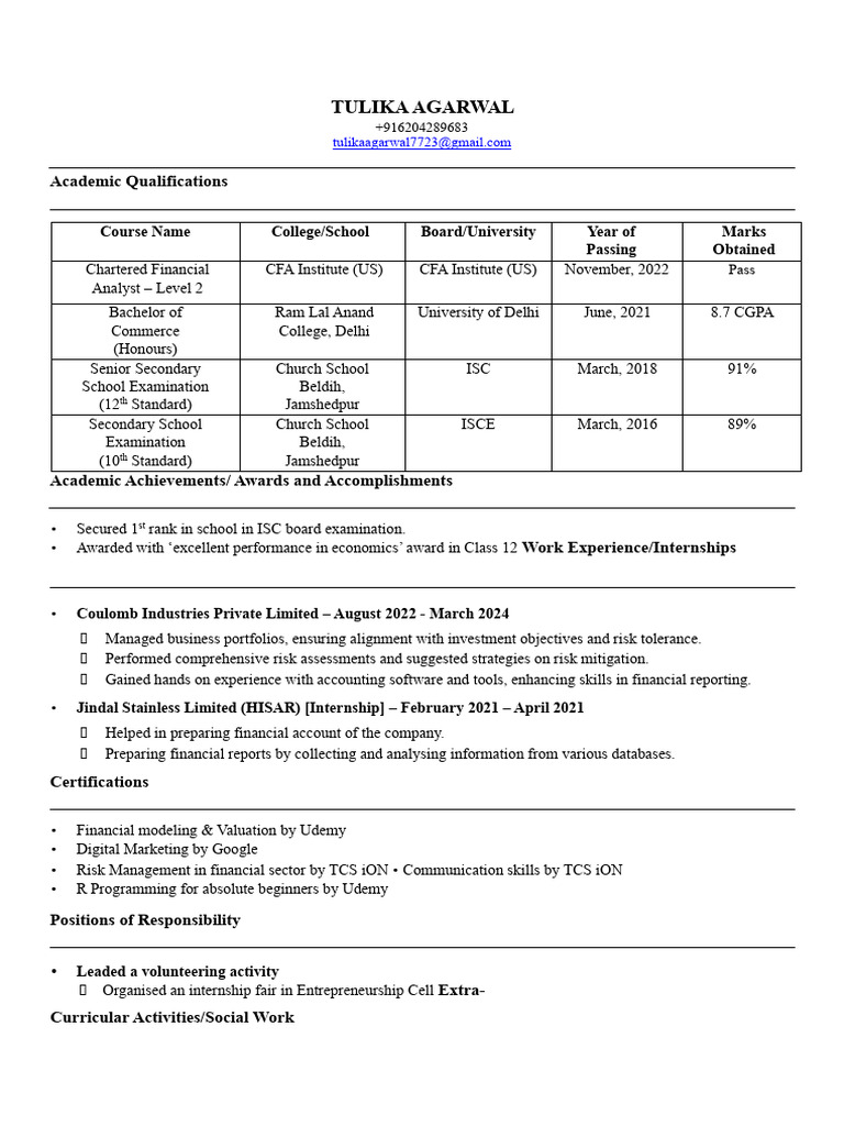 Tulika Agarwal CV - 2024. | PDF