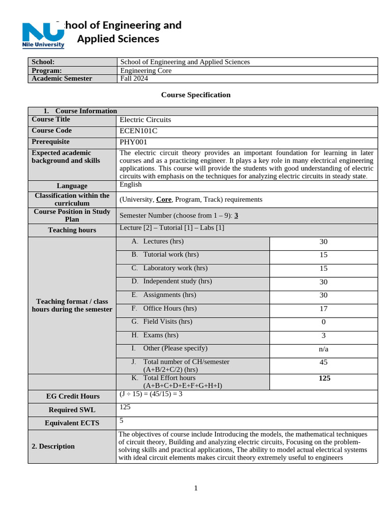 Course Specs - ECEN101C_F24 (2) | PDF | Engineering | Science