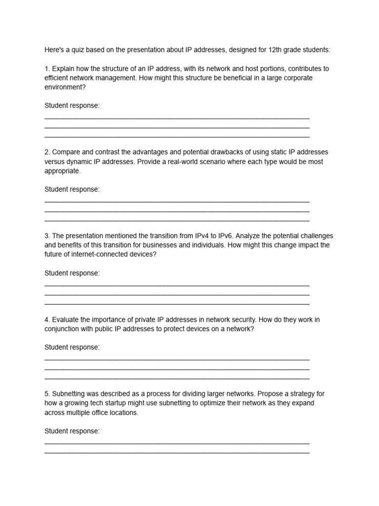 IP ADDRESS ACTIVITY - Quiz | PDF | Ip Address | Network Layer Protocols