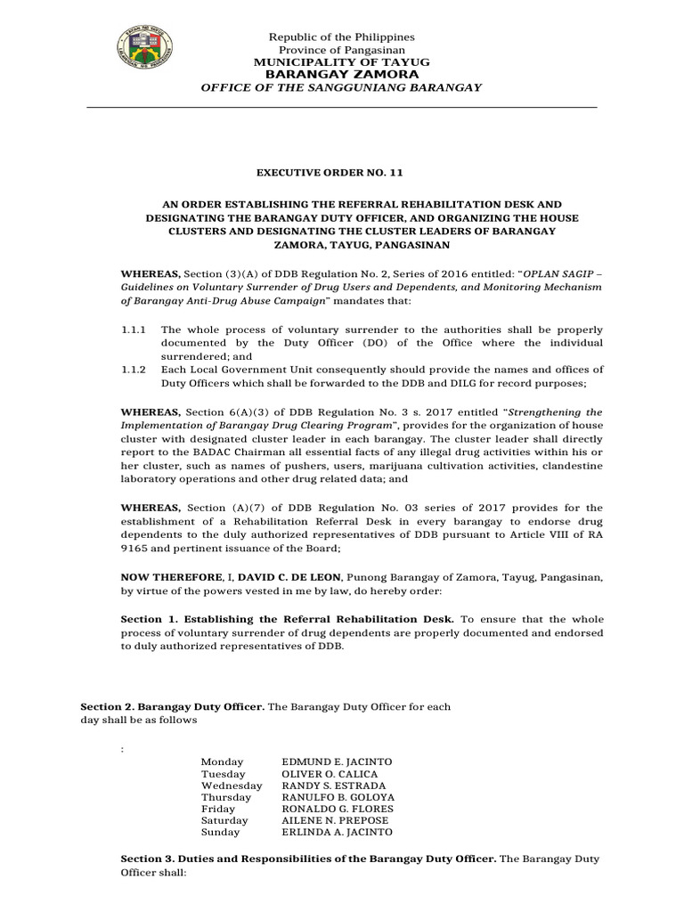 Draft EO Barangay BADAC Mandates House Cluster Etc | PDF | Justice ...