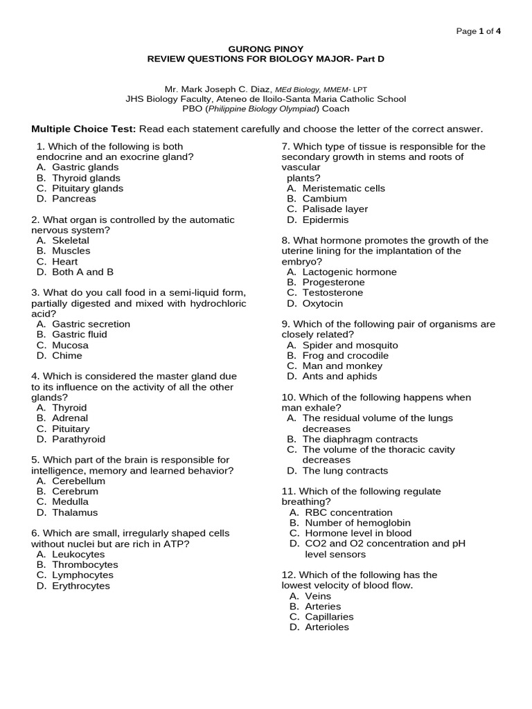 (Part D) GURONG PINOY REVIEW QUESTIONS FOR BIOLOGY MAJOR | PDF | Blood ...