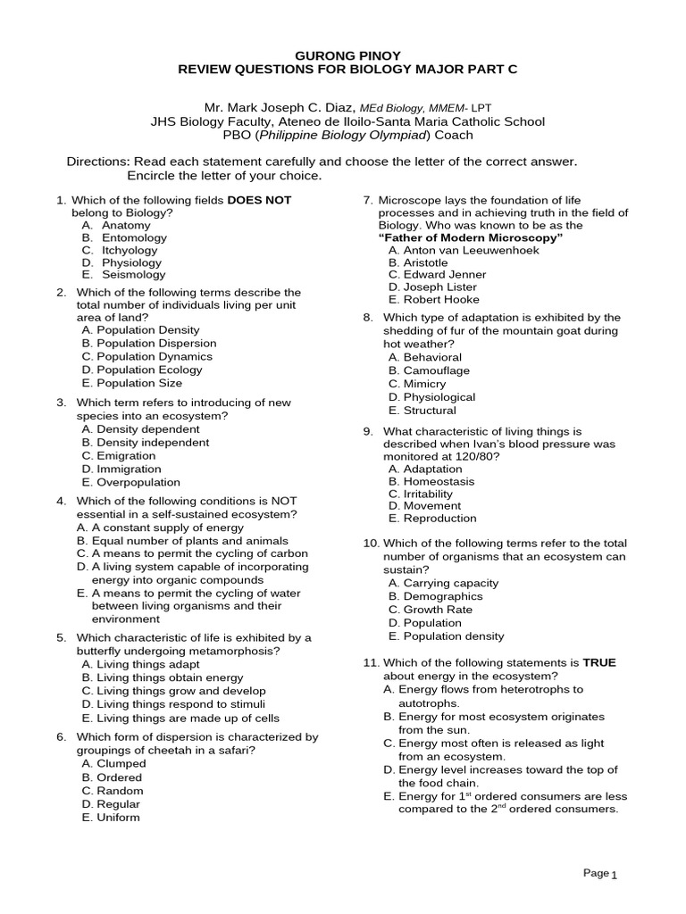 Biology Major Review Questions | PDF | Ecosystem | Predation