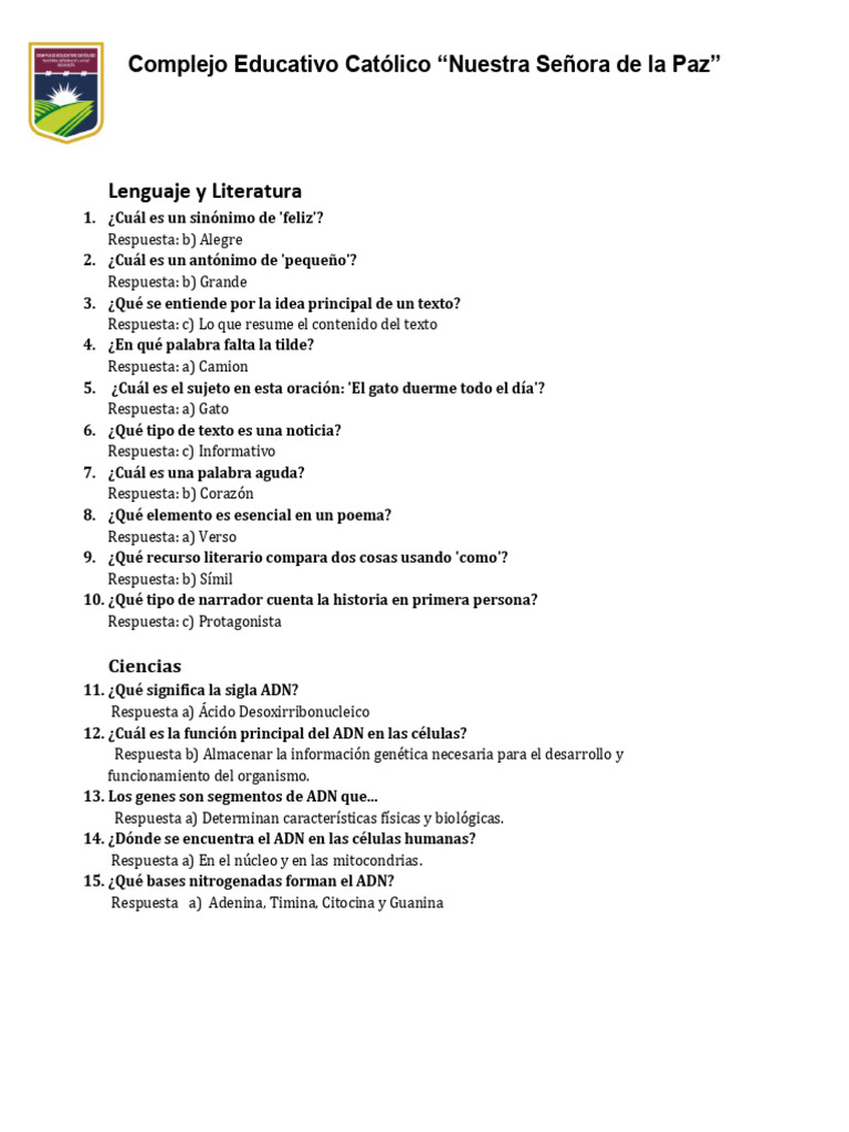 Respuestas - Prueba - Diagnostica 2025 Media | PDF | Adn | Genética