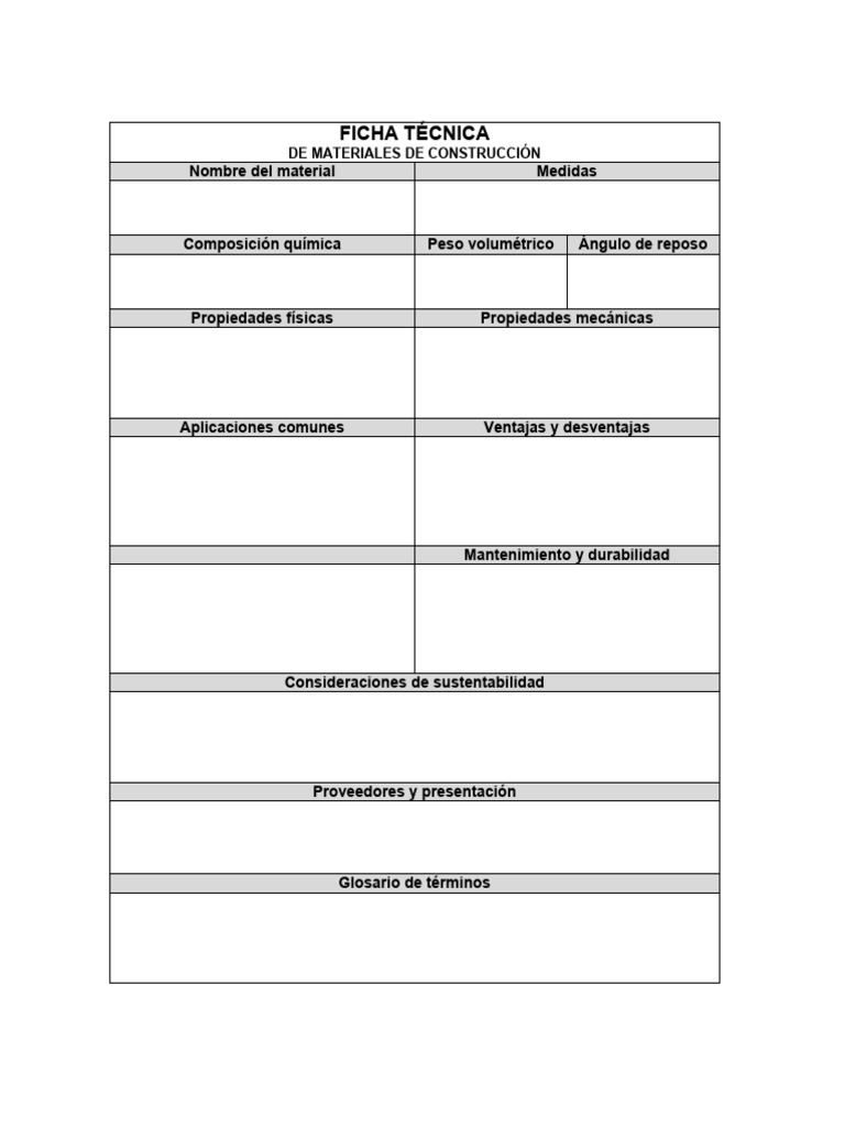 Formato FICHA TÉCNICA de Materiales de Construcción | PDF