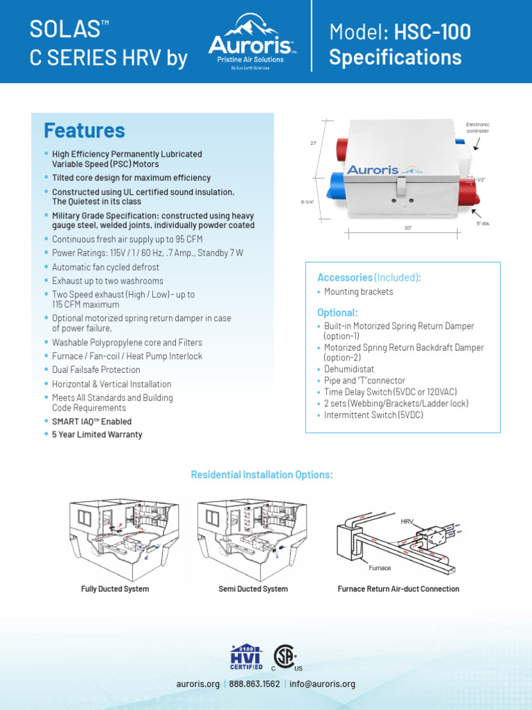 Solas HSC100 Data Sheet | PDF | Ventilation (Architecture) | Duct (Flow)
