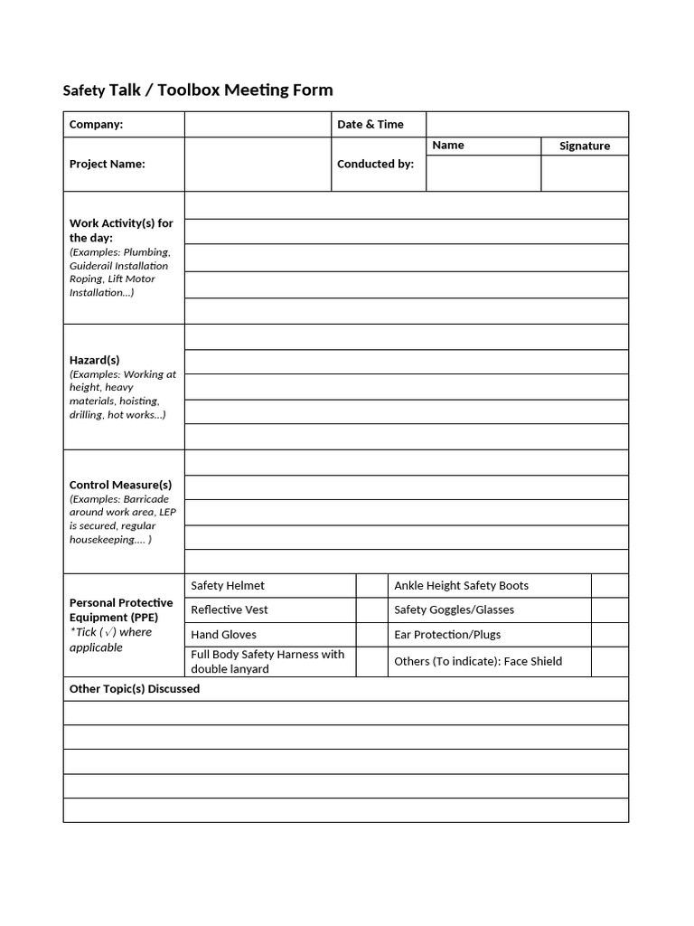 Safety Talk-Tool Box Meeting Form | PDF