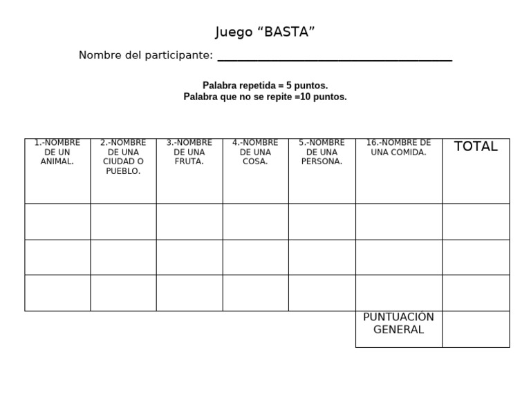 Preguntas para jugar Basta | PDF