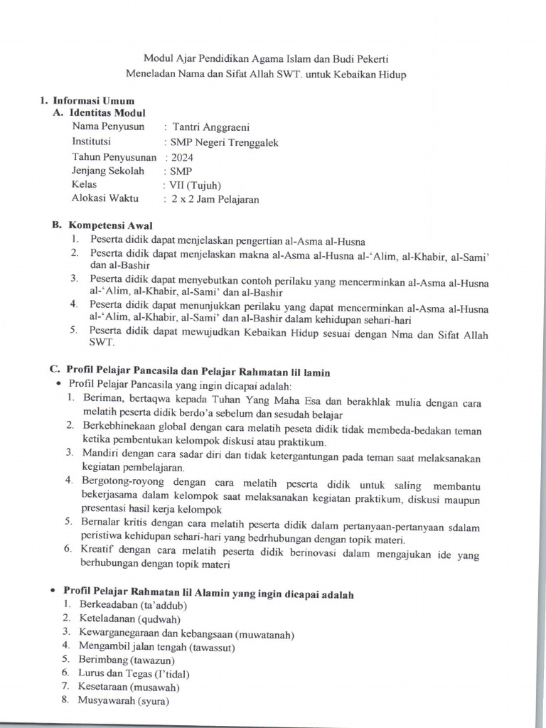 Modul Ajar Pai Meneladani Nama Dan Sifat Allah SWT - Tantri Anggraeni | PDF