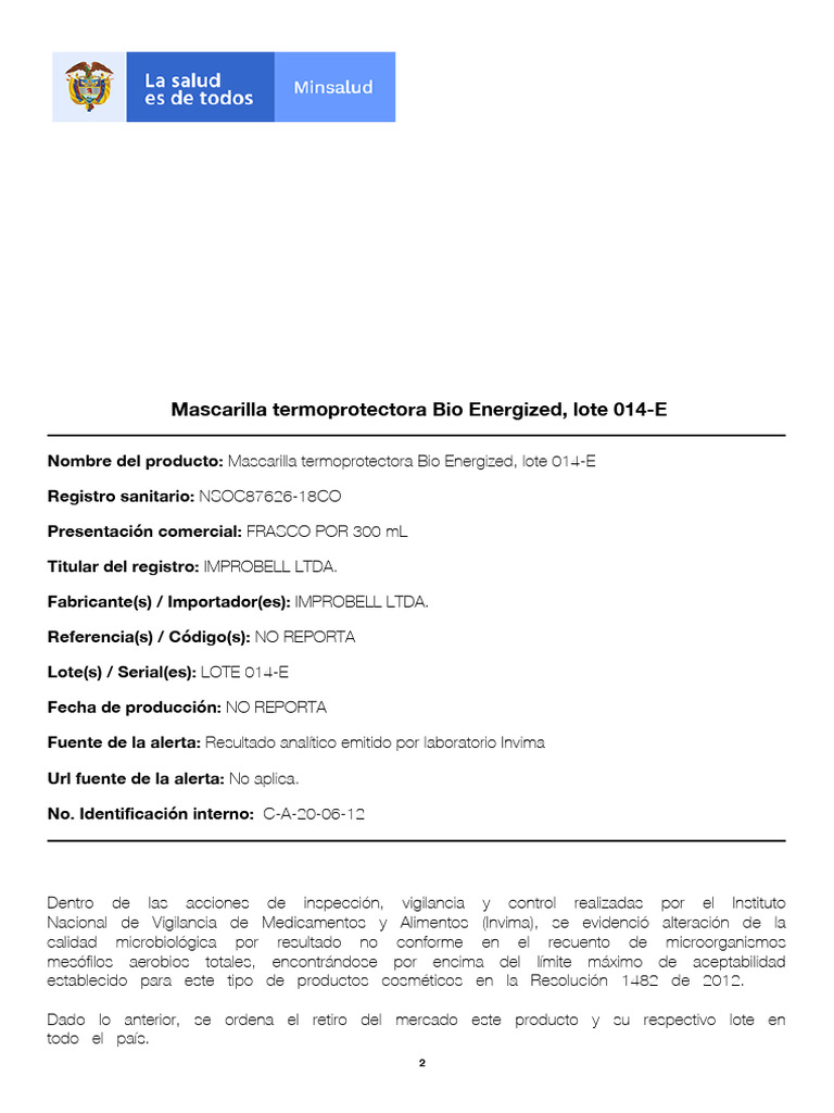 Alerta No_ #098-2020 - Mascarilla termoprotectora Bio Energized, lote 014-E_vf | PDF