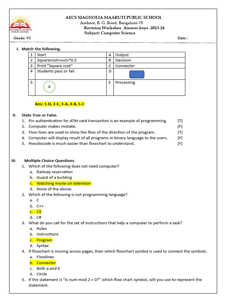 Grade 6 - SA-1 Revision Worksheet Answer Key | PDF | Computer Program | Programming