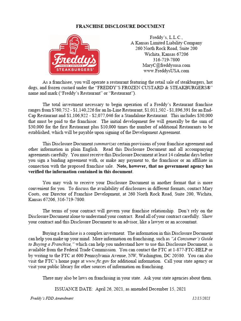 Freddy's 2021 FDD | PDF | Franchising | Business Law