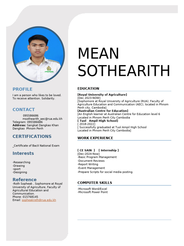 Mean Sothearith CV | PDF