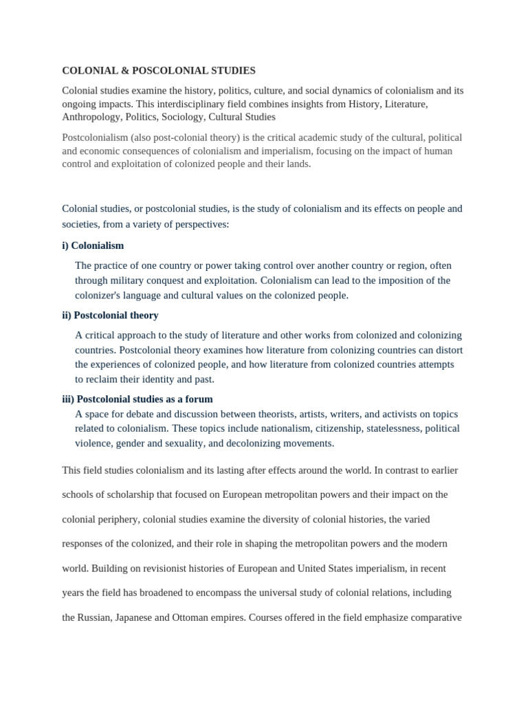 ENG 451_ STUDIES IN CRITICISM Colonial and Postcolonial Studiess | PDF | Postcolonialism ...