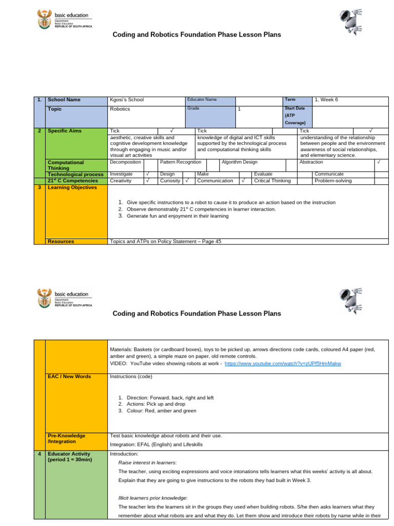 Grade 1 Robotics Lesson Plan | PDF | Lesson Plan | Learning