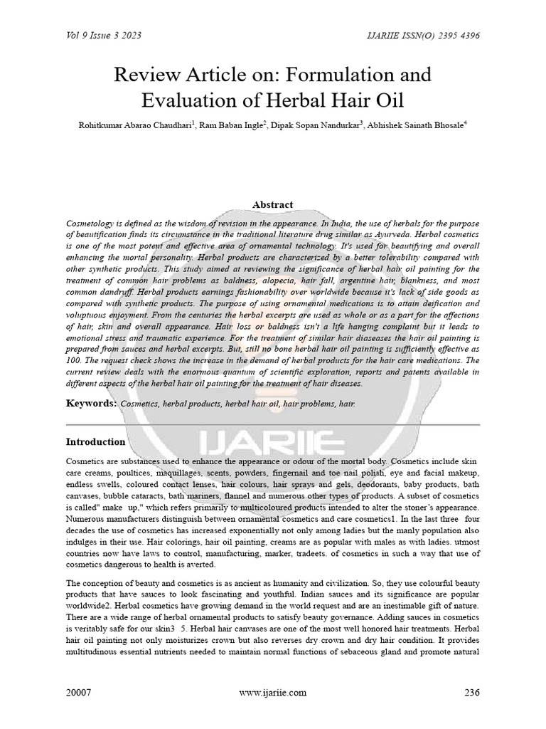 Herbal Hair Oil: Formulation Review | PDF | Hair Loss | Cosmetics