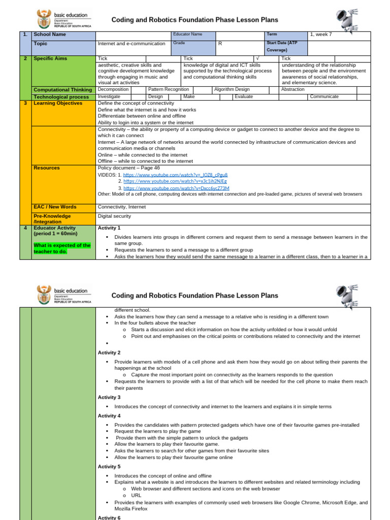 Foundation Phase Coding Lesson Plans | PDF | Internet | Educational ...