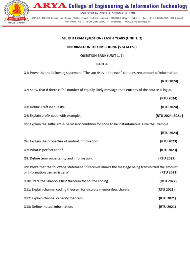 Itc Question Bank Rtu Question Paper (Unit 1, 2) | PDF | Information ...