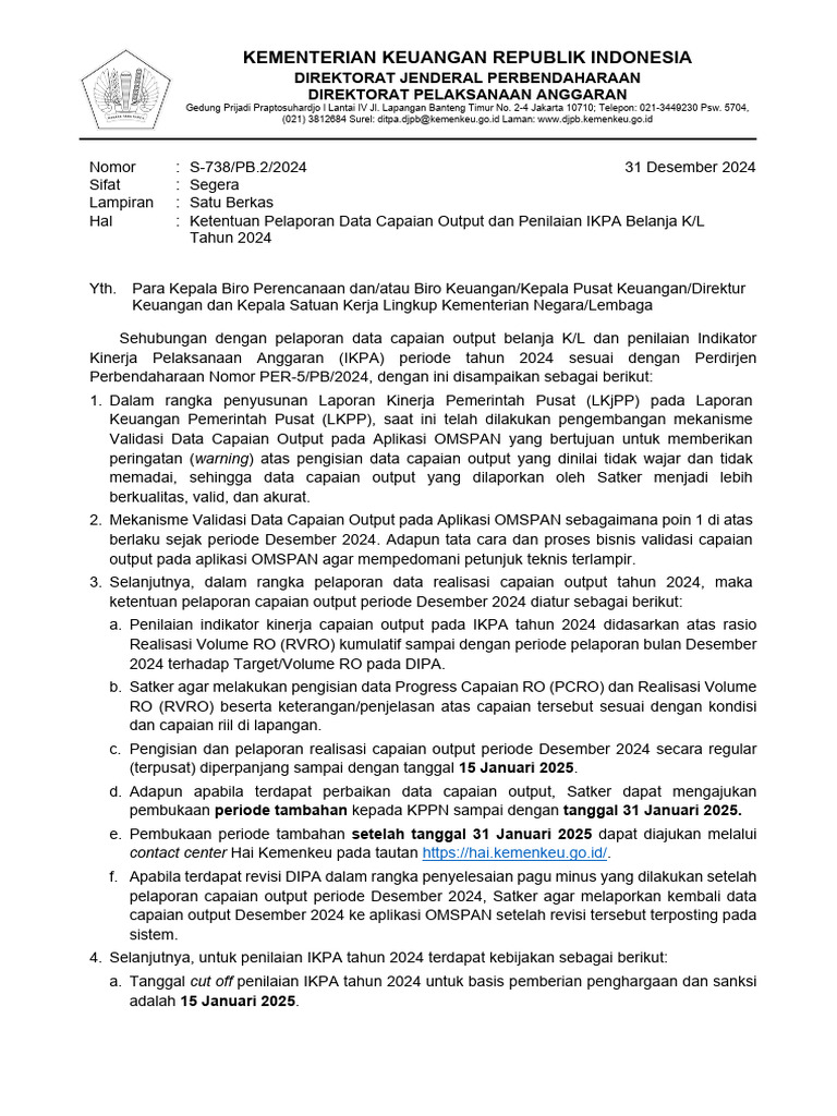 S-738 Ketentuan Pelaporan Caput Dan Penilaian IKPA Belanja KL Tahun 2024 | PDF