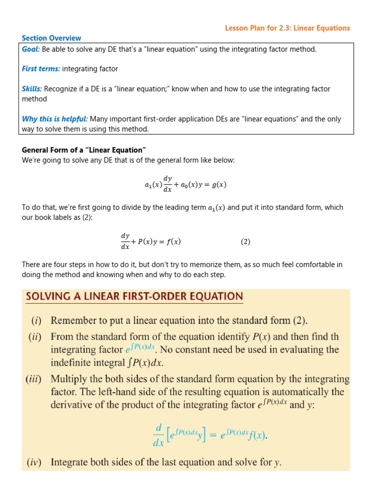 Lesson Plan For 2.3 - Linear Equations | PDF