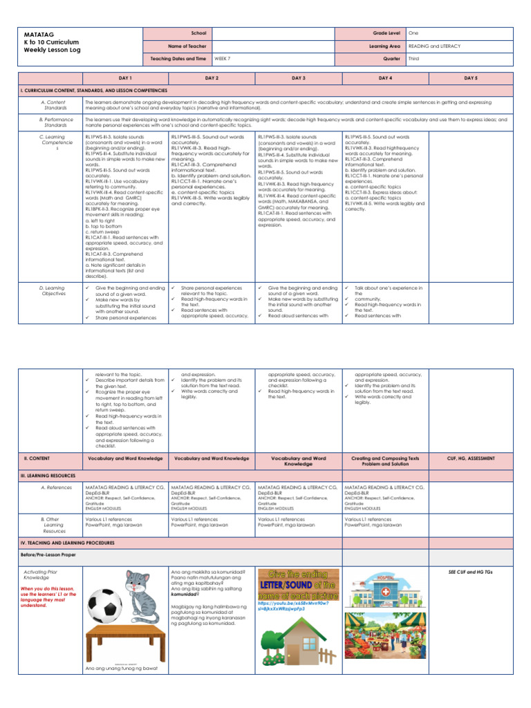 W7-Q3-READING-and-LITERACY1-MATATAG-DLL | PDF | Reading (Process) | Written Communication
