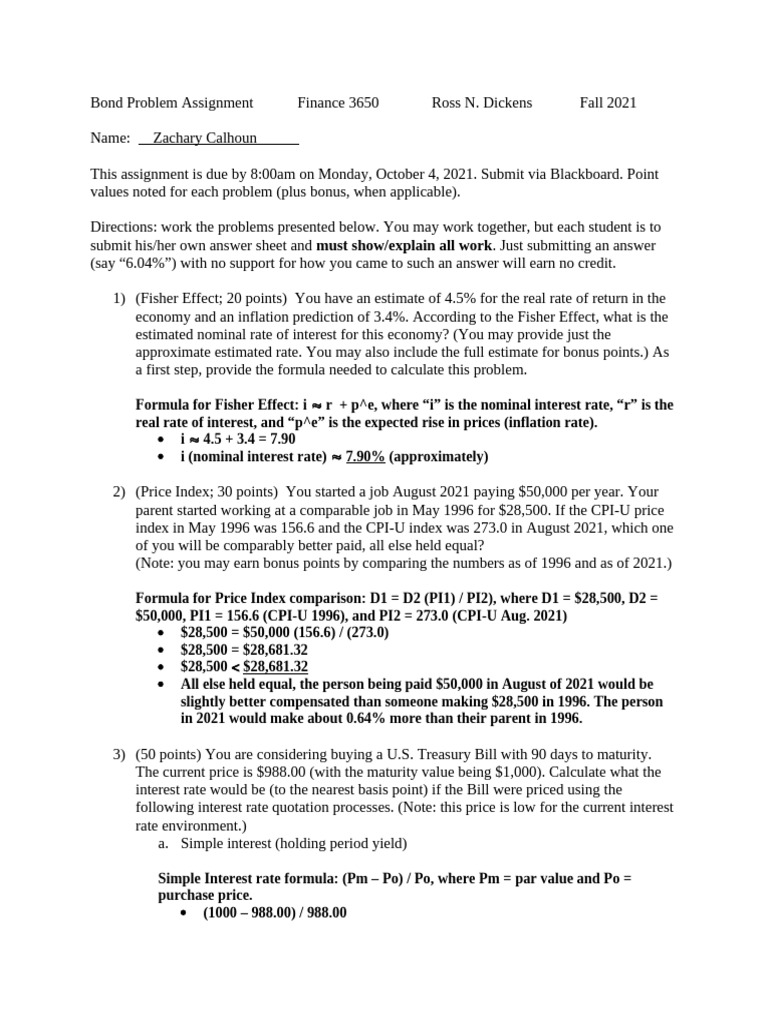 Finance 3650 Bond Problem Assignment | PDF | United States Treasury ...