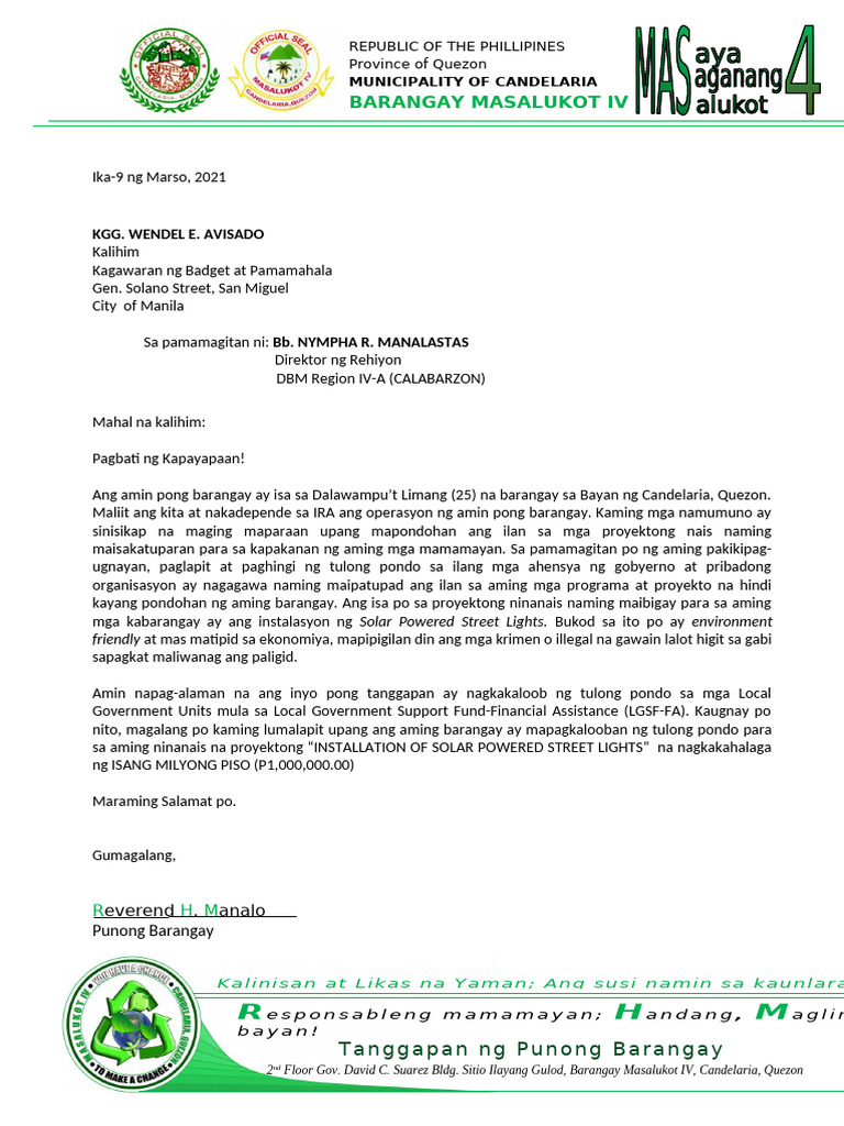 Request Letter For Solar Powered Street Ligths | PDF