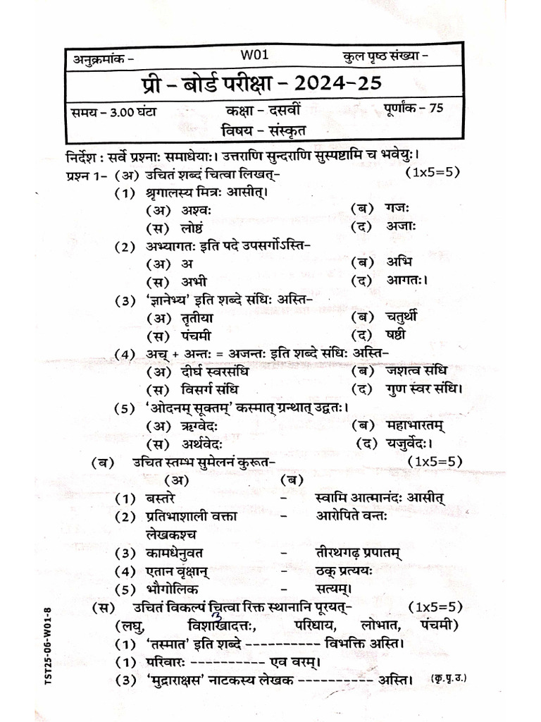 Class 10 Subject Sanskrit Pre Board Jila Kabirdham | PDF