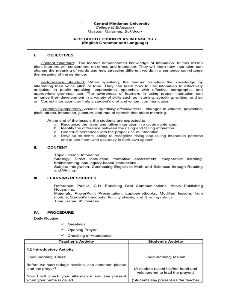 Lesson Plan: Mastering Intonation in English | PDF | Lesson Plan | Question