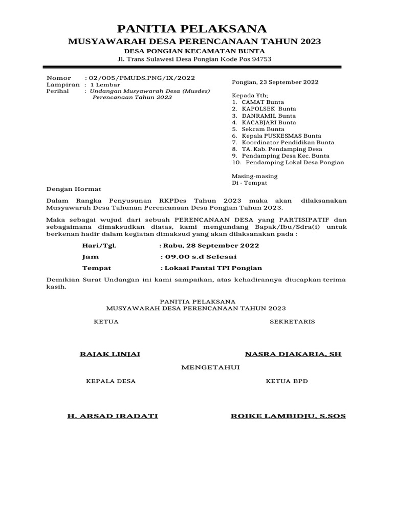 01. UNDANGAN PANITIA MUSDES 2023 - FORKOPIMCAM.1 | PDF