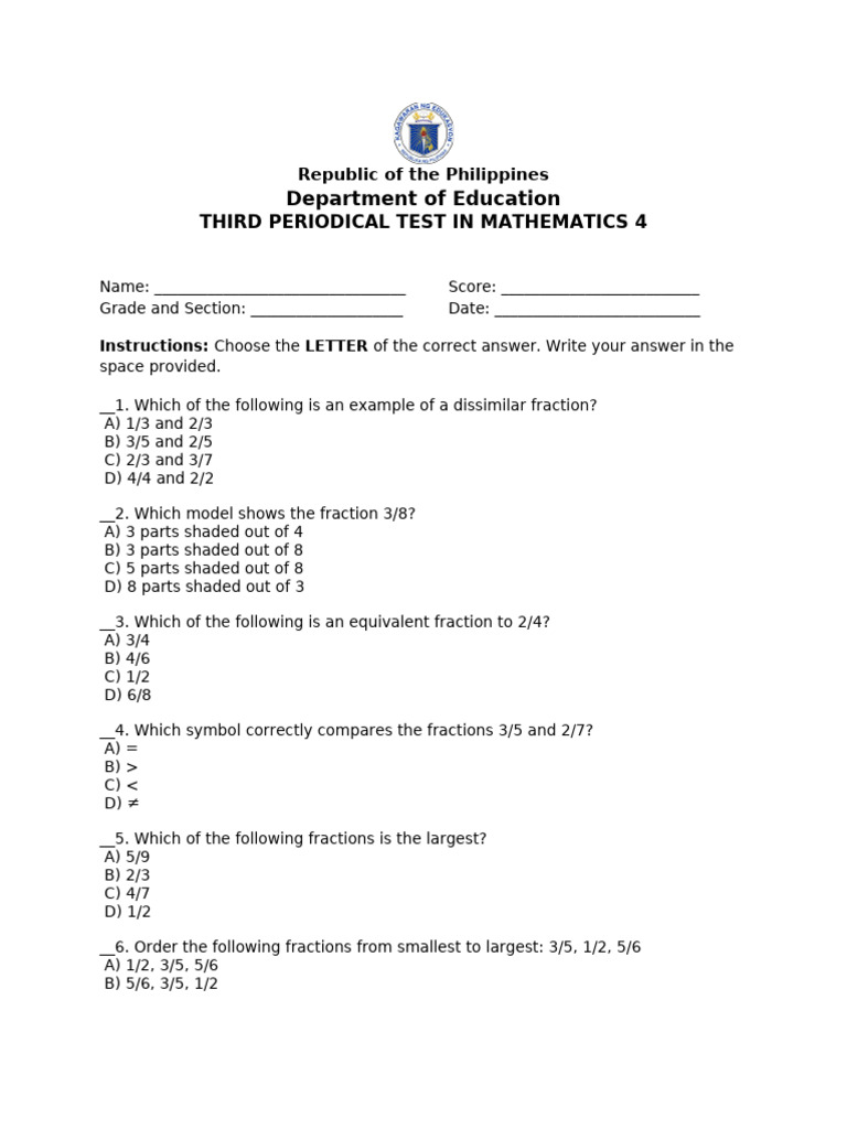 PT - G4 Matatag Mathematics 4 - Q3 V2 | PDF | Odds | Mathematics