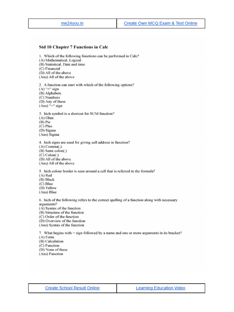 Standard 10 Chapter 7 Functions in Calc | PDF