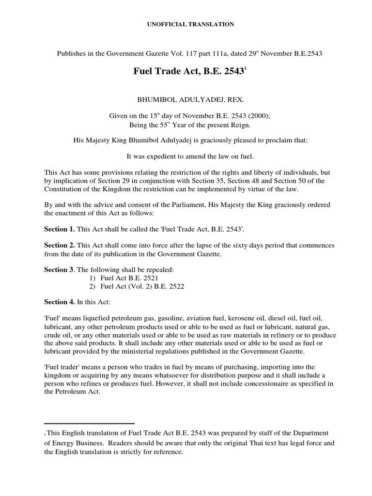 Fuel Trade Act, B.E. 2543 (2000) in English | PDF | Fine (Penalty) | Crimes