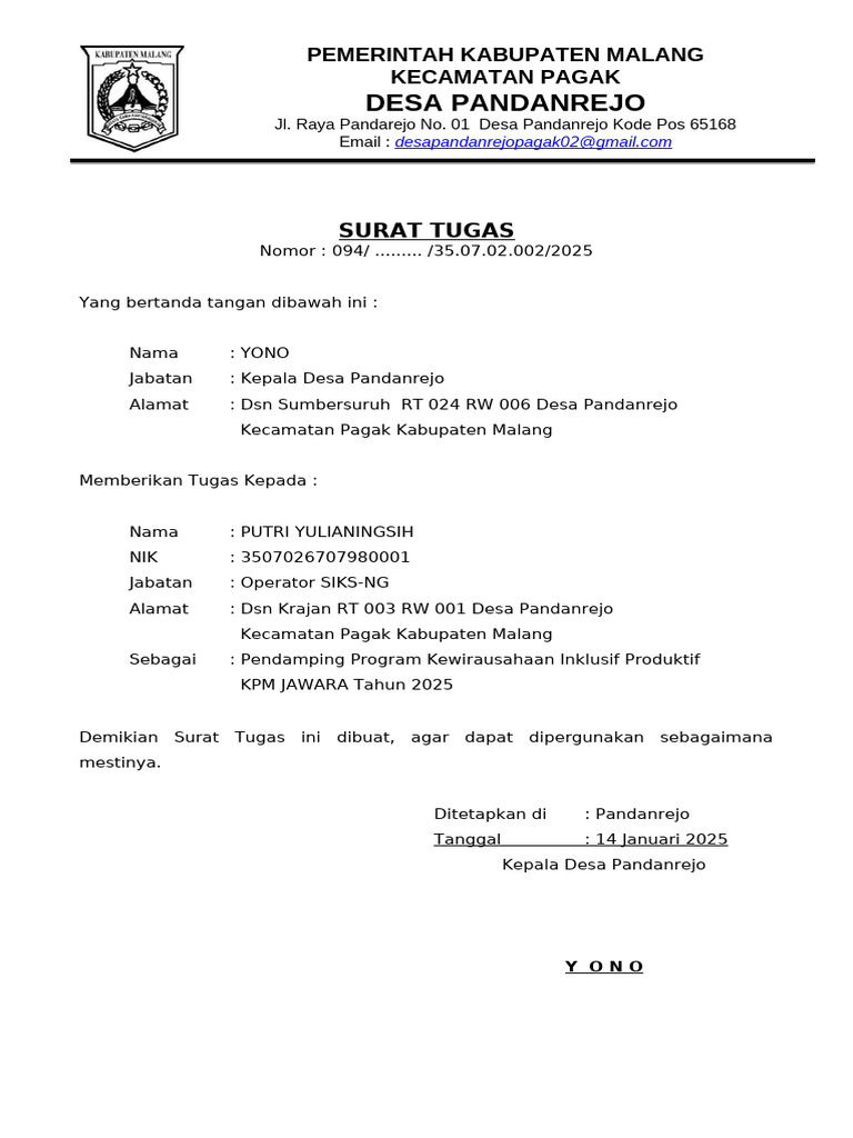 SURAT TUGAS Pendamping KPM Jawara | PDF