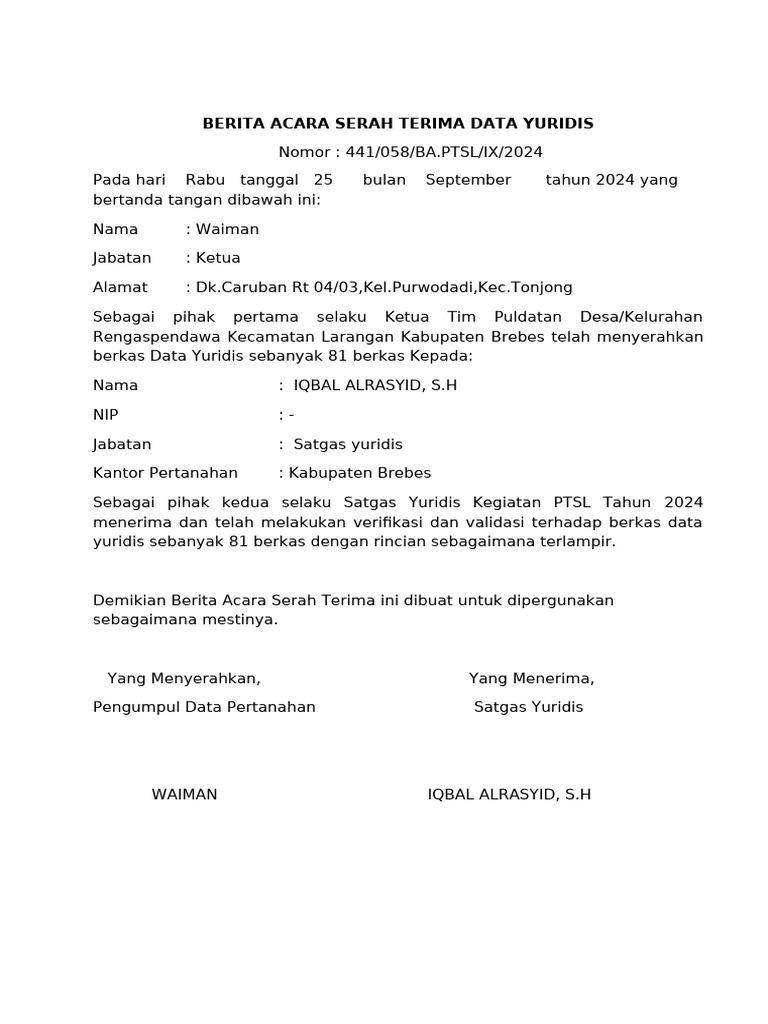 Berita Acara Serah Terima Data Yuridis | PDF