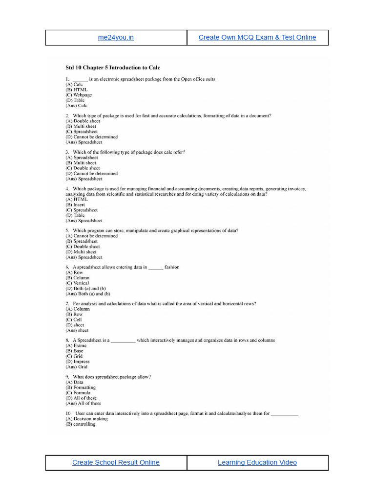 Standard 10 Chapter 5 Introduction to Calc | PDF