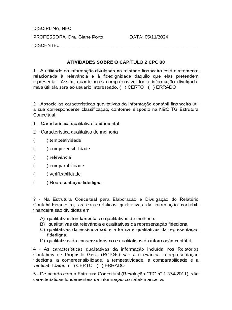 Atividade Sobre o Captulo 2 Do CPC 00 em 05-11-2024 2 | PDF | Contabilidade