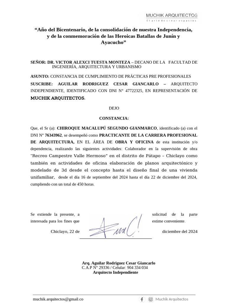 Constancia de Cumplimiento de Prácticas Pre Profesionales | PDF